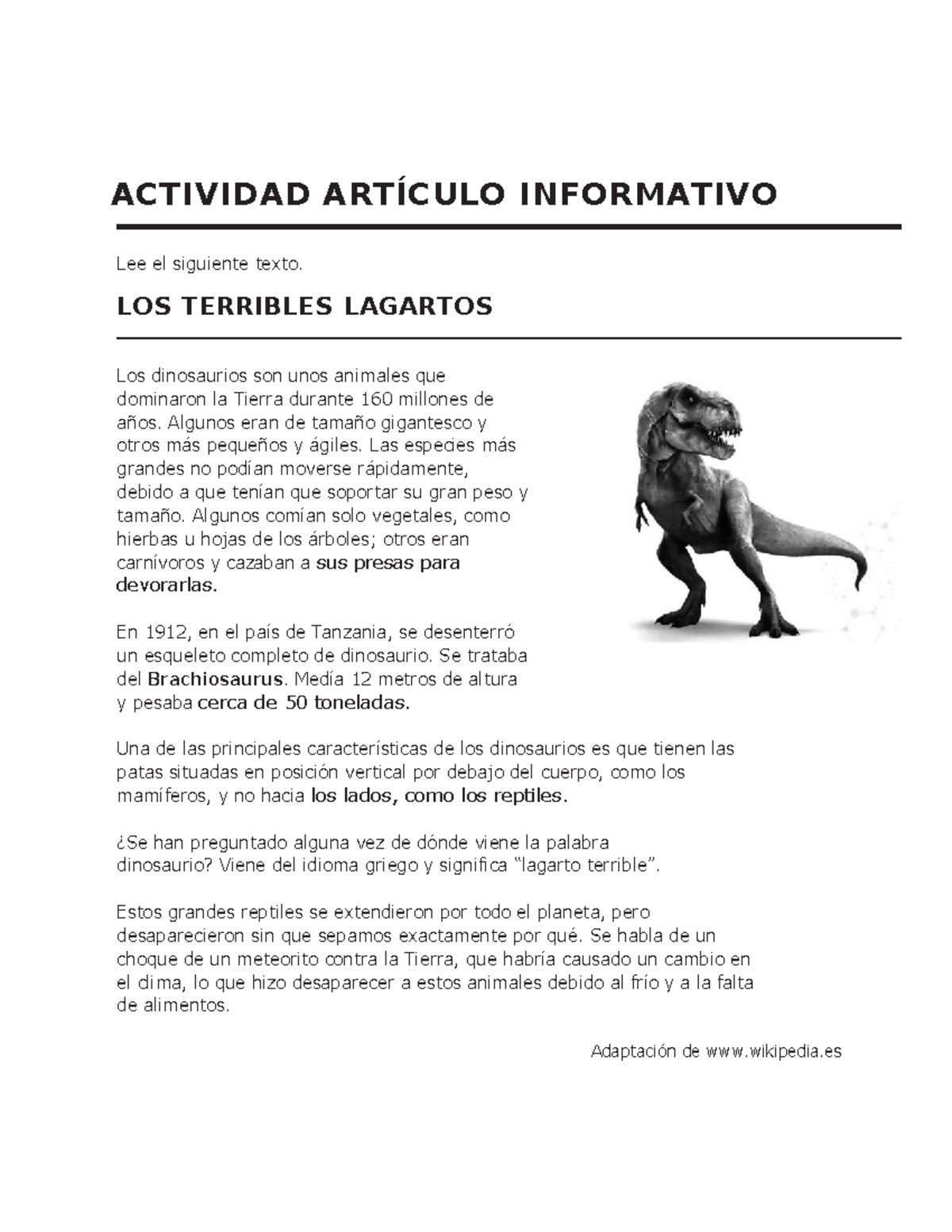 ACTIVIDAD ARTÍCULO INFORMATIVO: LOS TERRIBLES LAGARTOS Y DINOSAURIOS ...