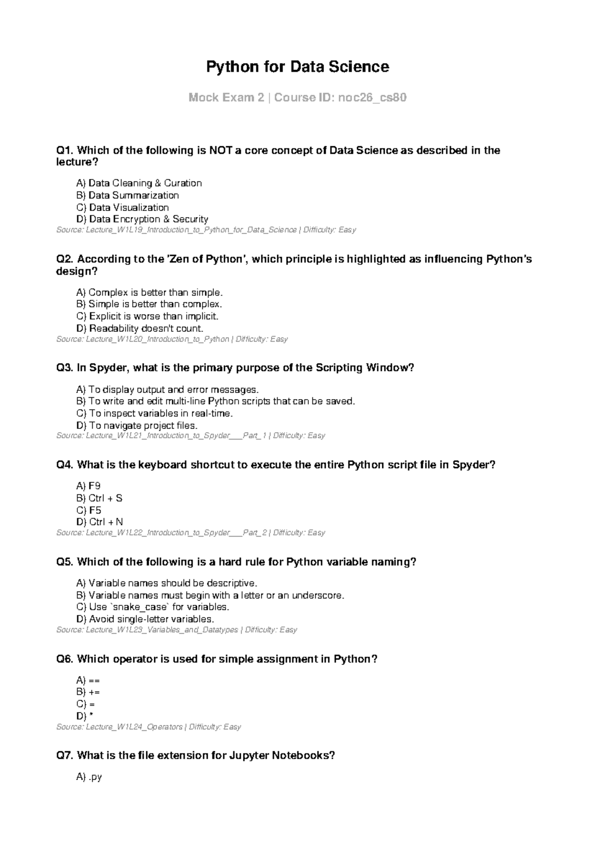 Python for Data Science Mock Exam 2 - 1 Mark Questions (noc26_cs80 ...