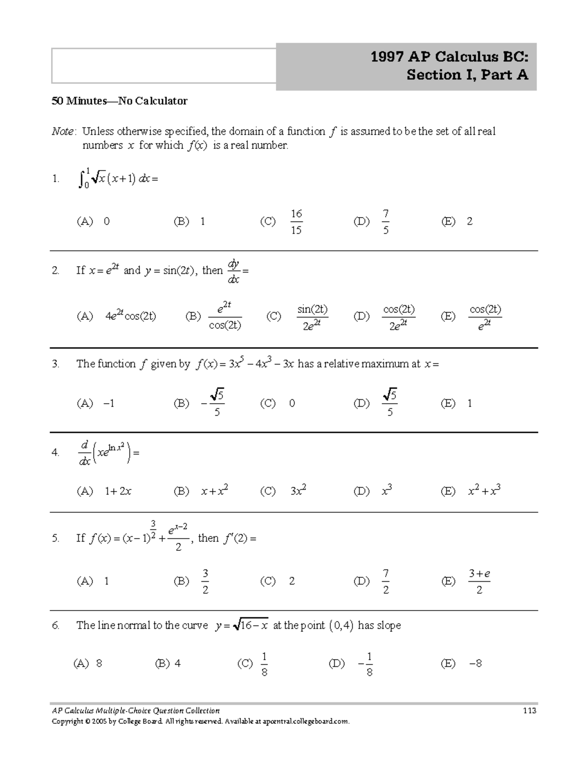 1997 AP Calculus BC: Section I, Part A Solutions - Studocu