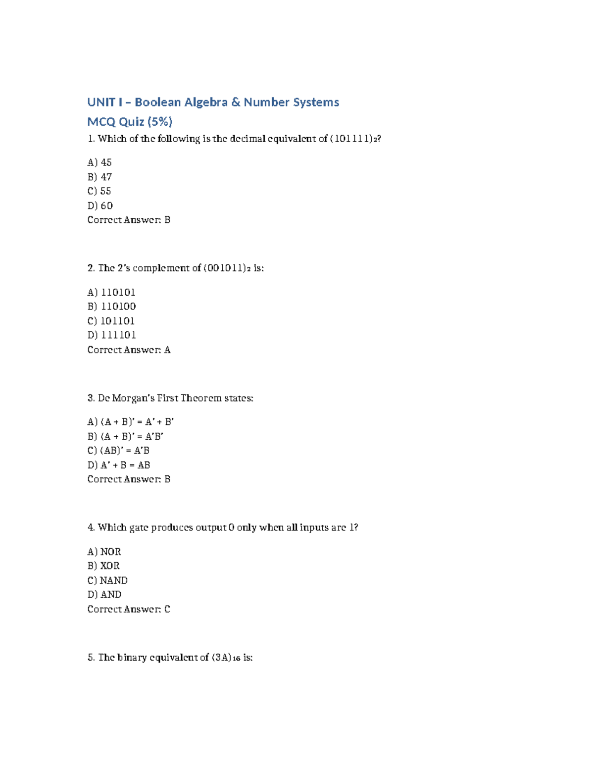 UNIT I Boolean Algebra Number Systems MCQ Quiz - Studocu