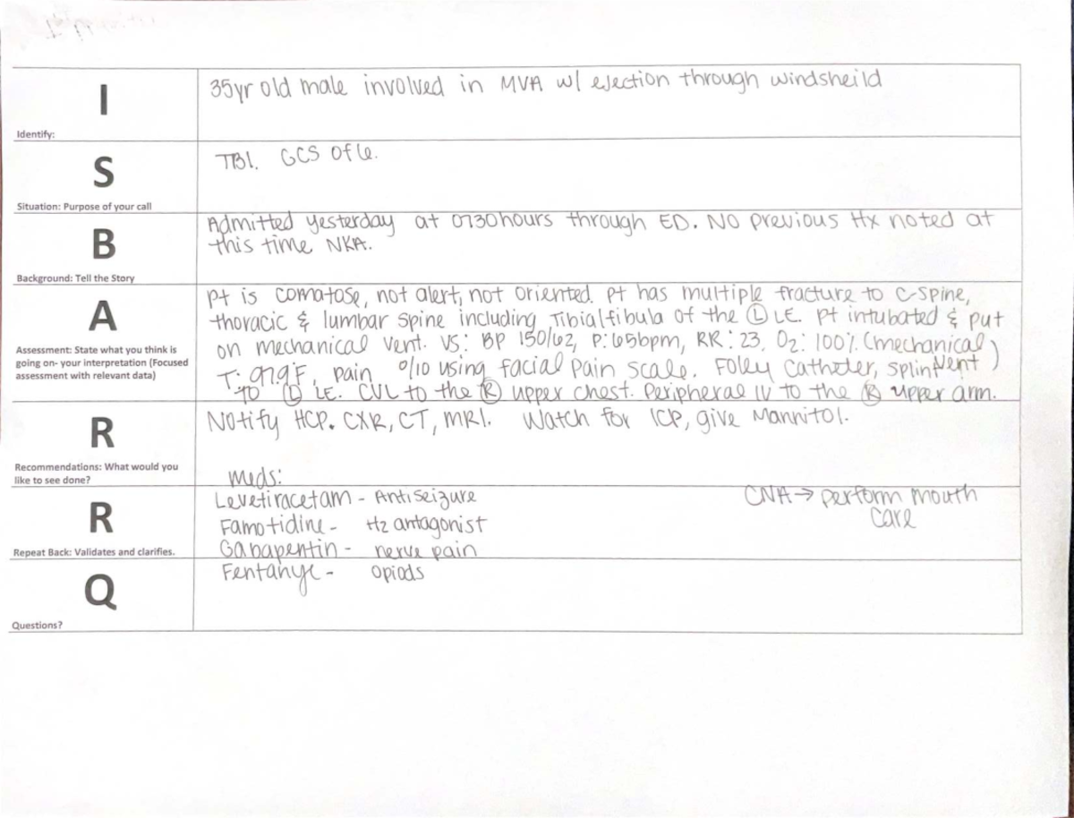 Grand Rounds ISBAR Report: 35-Year-Old Male MVA with TBI - Studocu