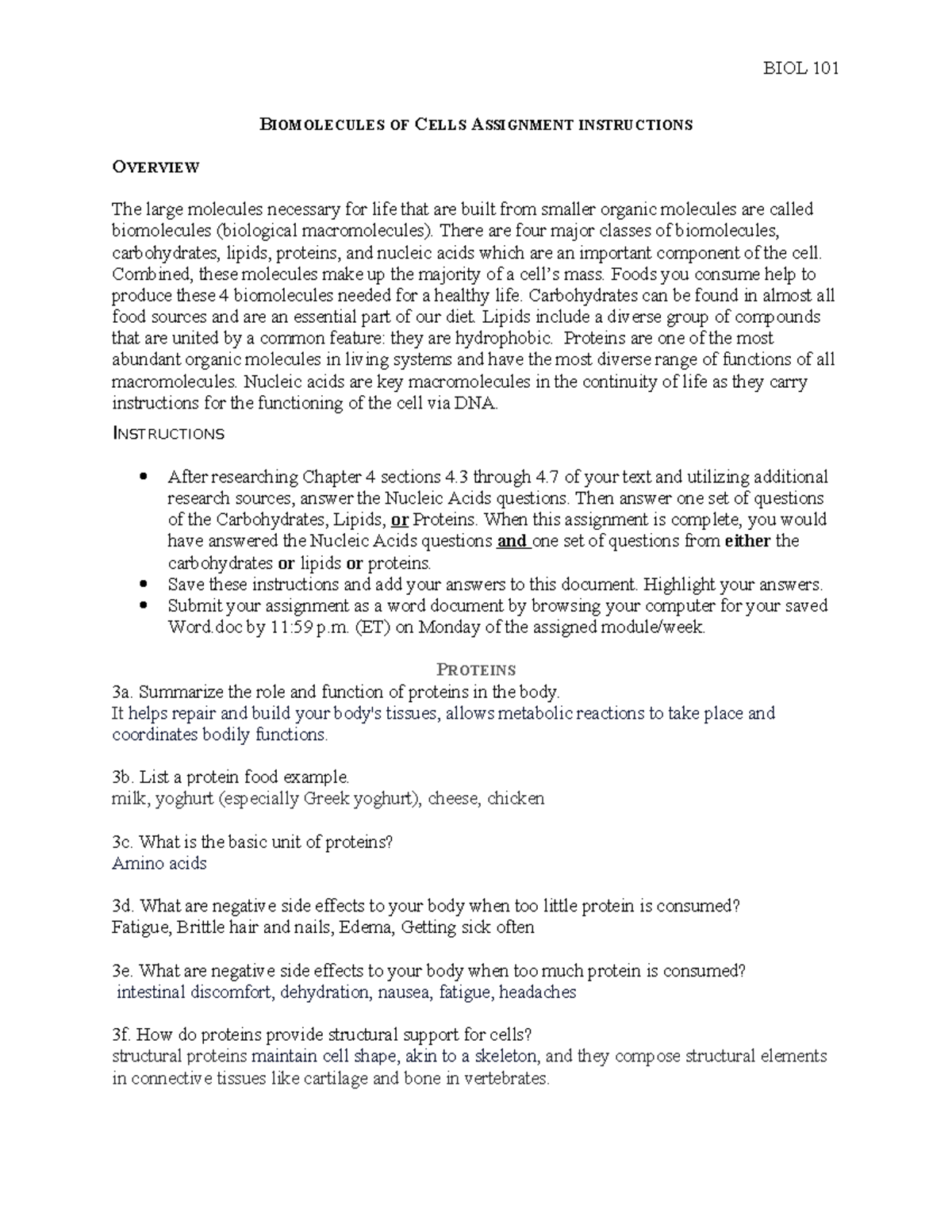 Biomolecules of Cells Assignment Instructions - BIOL 101 BIOMOLECULES ...