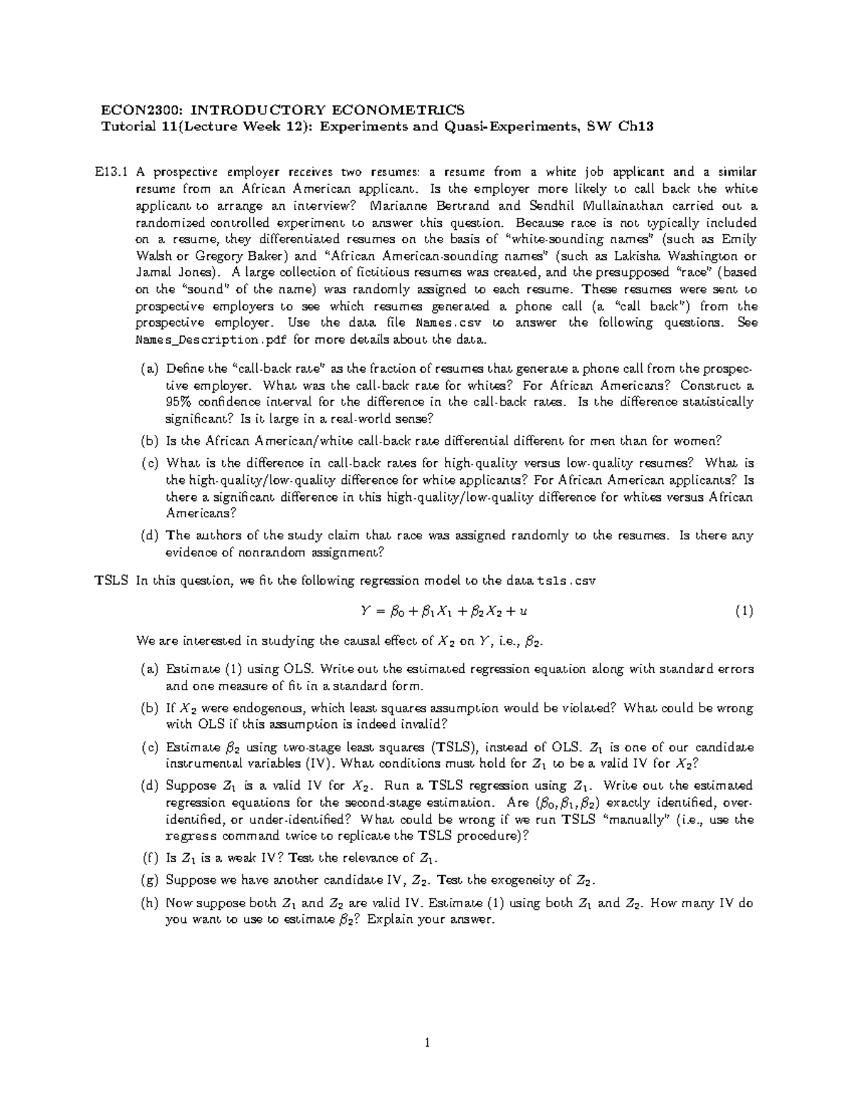 ECON2300: Introductory Econometrics Tutorial 11 - Experiments ...