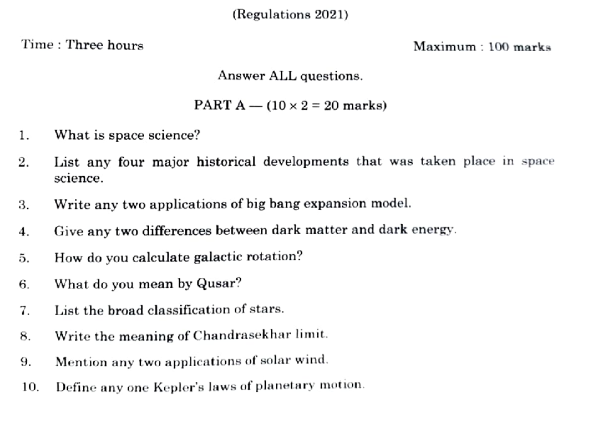 Regulations 2021: Space Science Exam Questions (3 Hours, 100 Marks ...