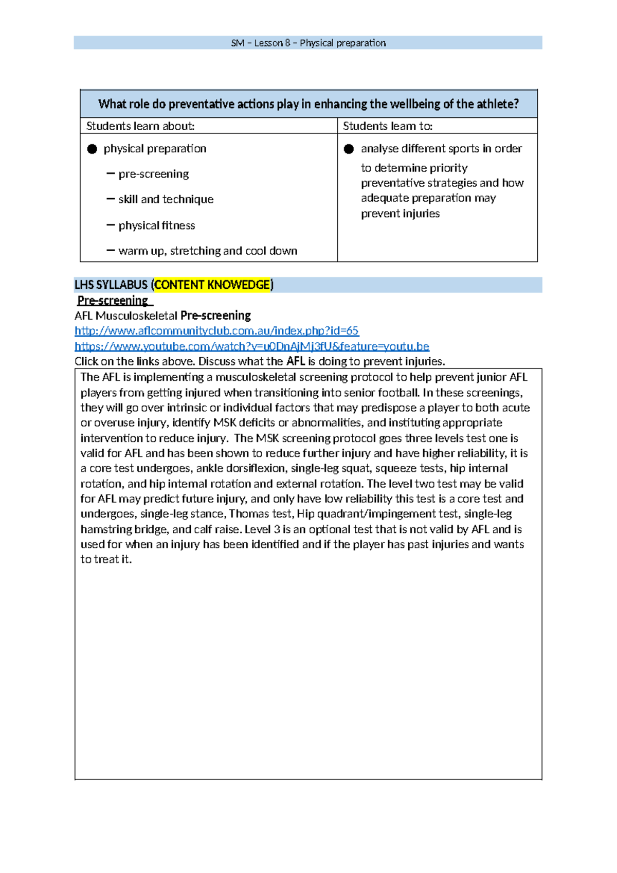 Lesson 8A PDHPE - What role do preventative actions play in enhancing the wellbeing of the ...
