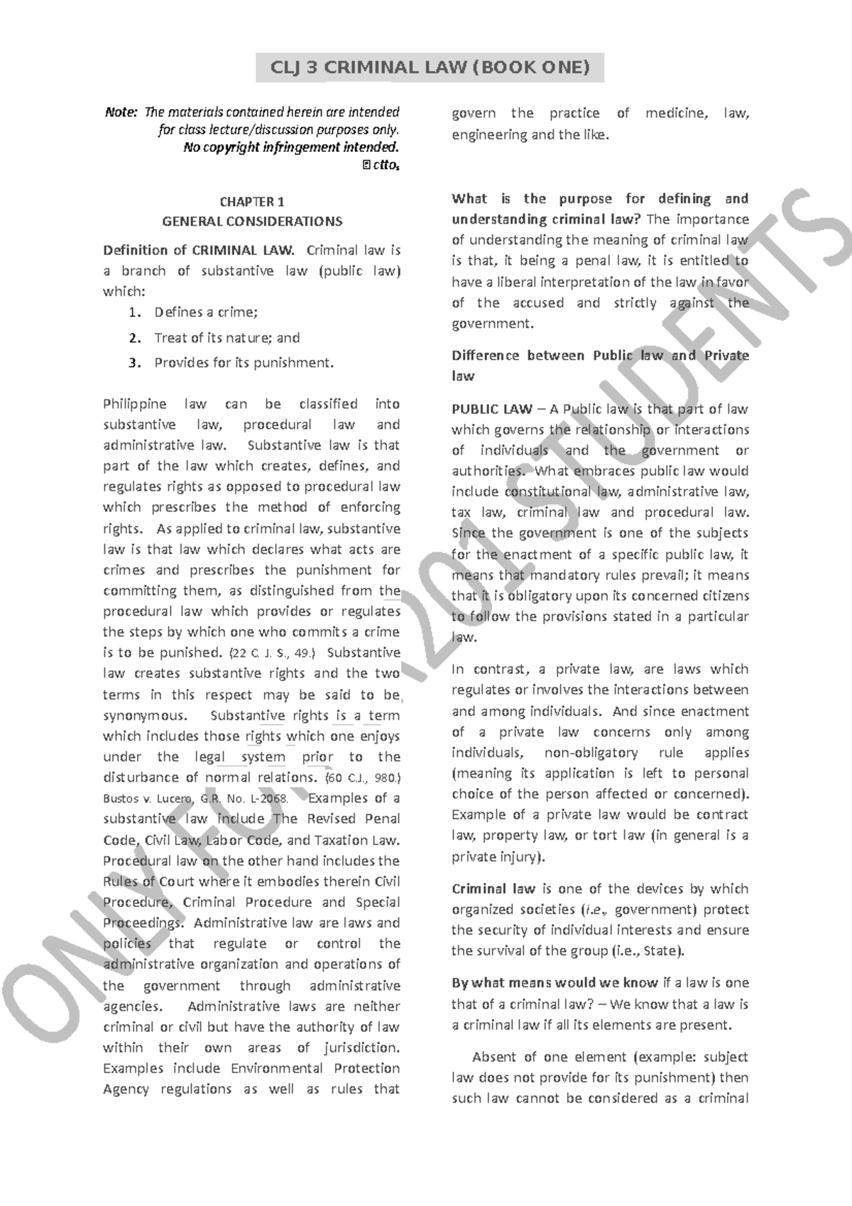 CLJ 3 Handout - Intro to Criminal Law: Chapter 1 Overview - Studocu