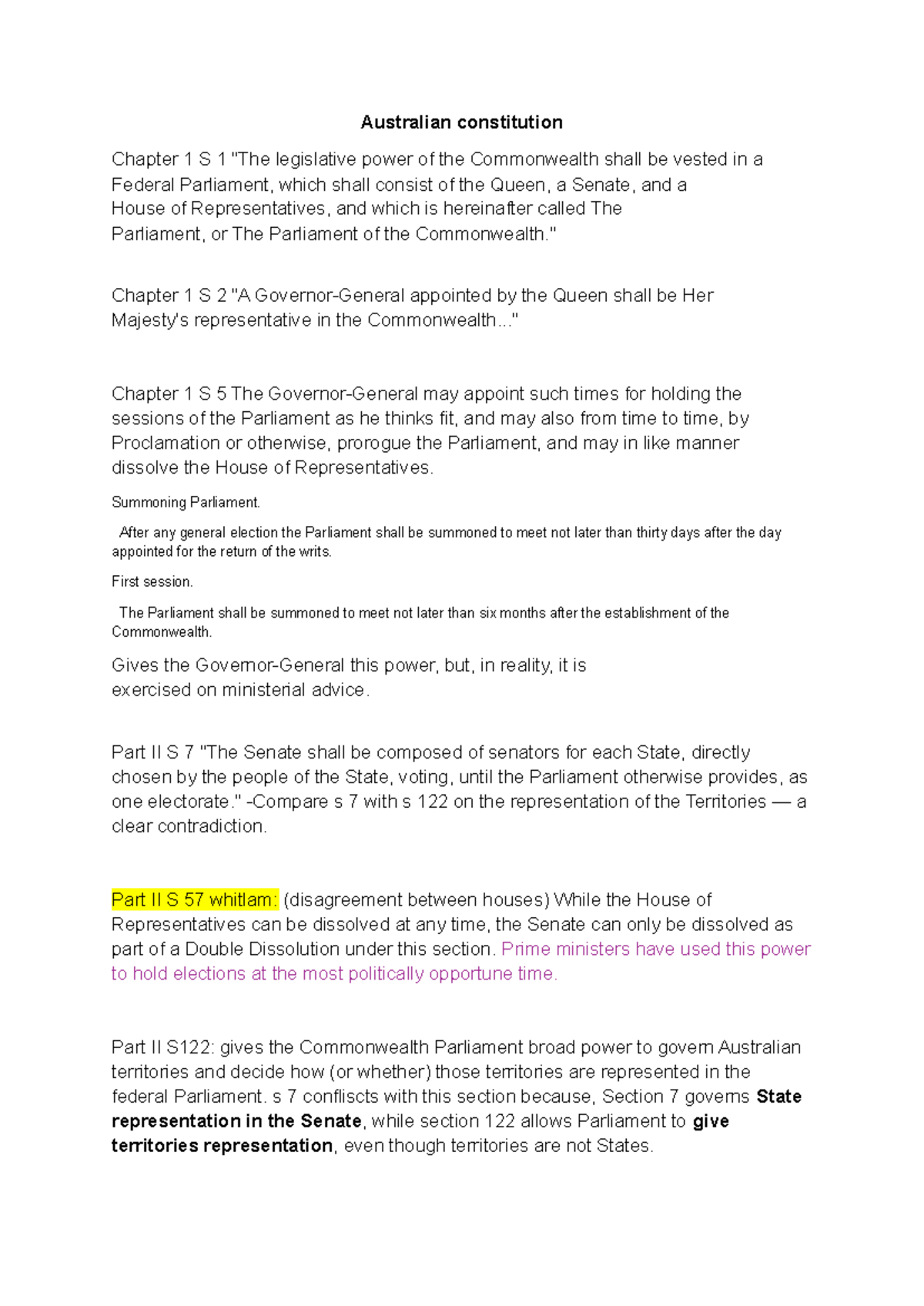 Australian Constitution: Chapter 1 Legislative Power Overview - Studocu