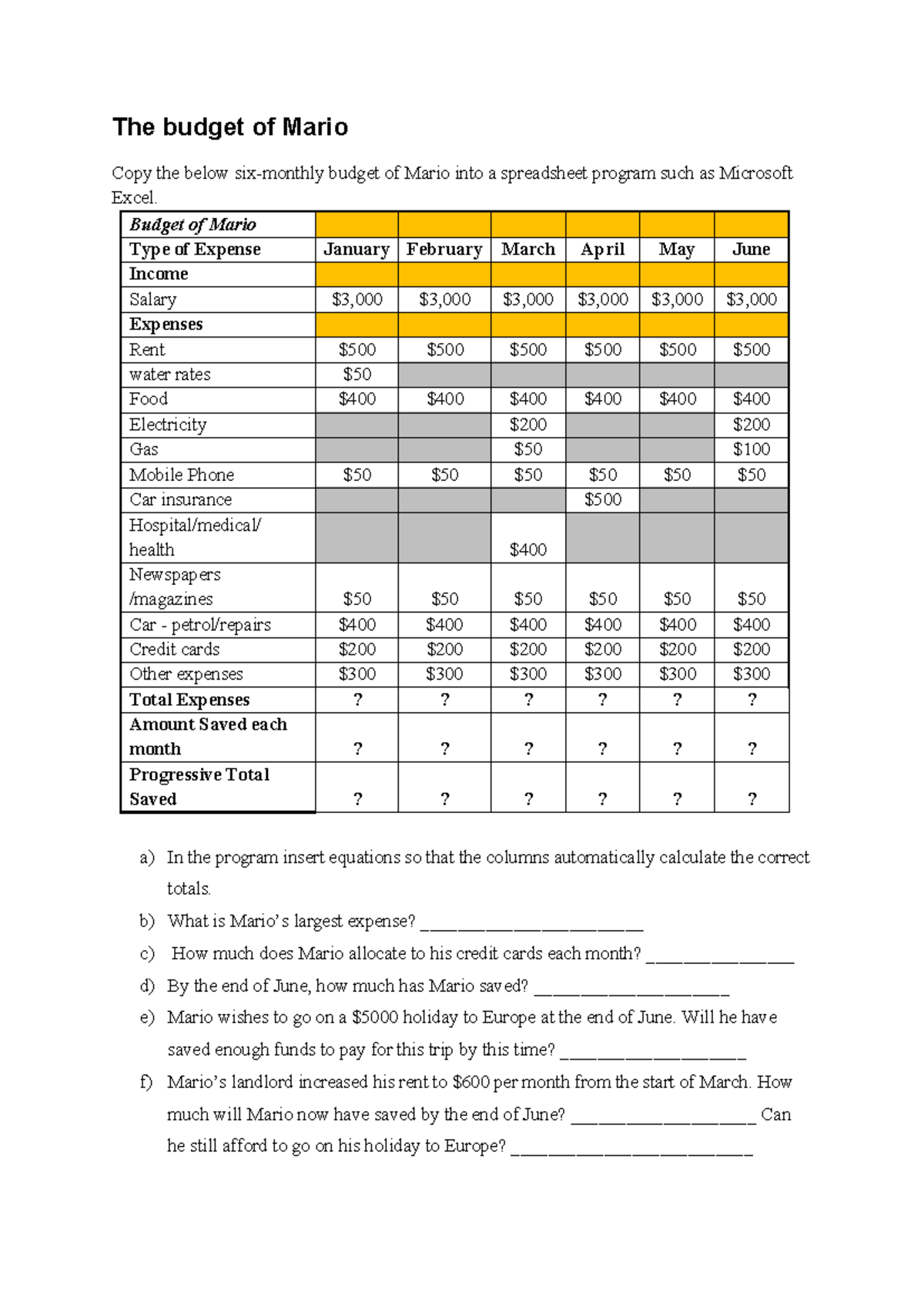 Mario's Budget Analysis: Monthly Expenses & Savings (Final Exam) - Studocu