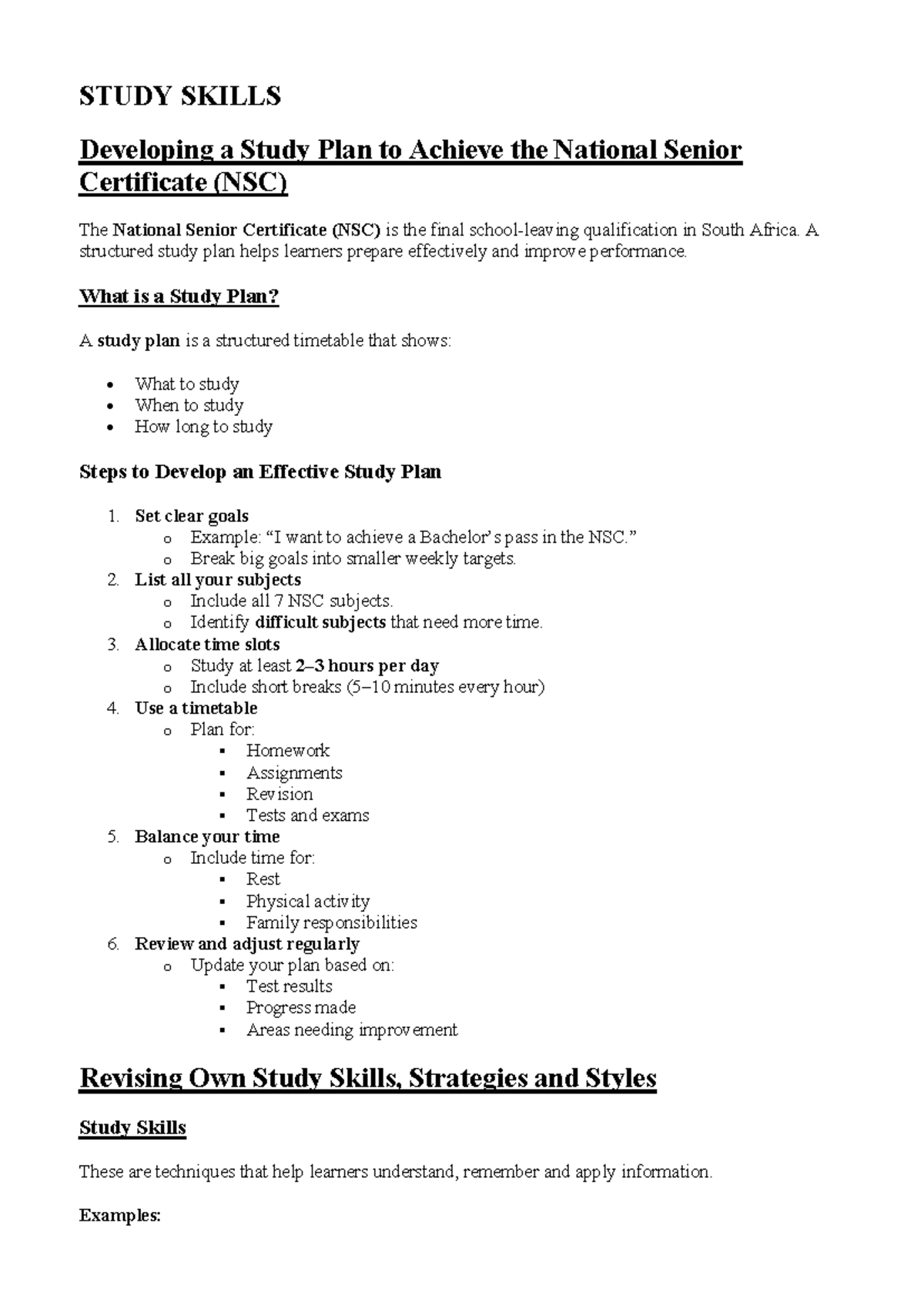 STUDY SKILLS: Developing a Study Plan for NSC Success - Studocu