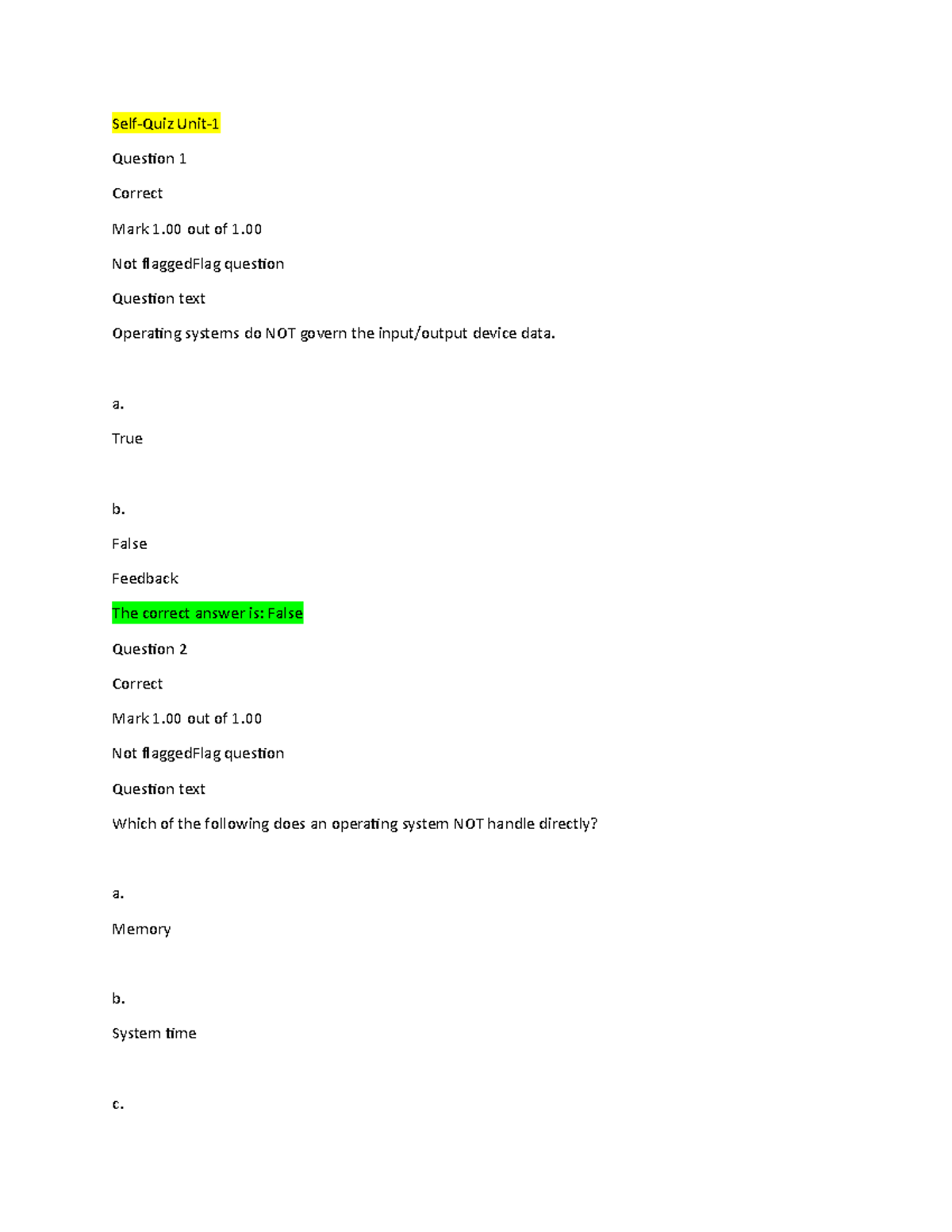 Cs 2301 Self Quiz Unit 1 Self Quiz Unit Question 1 Correct Mark 1 Out Of 1 Not Flaggedflag