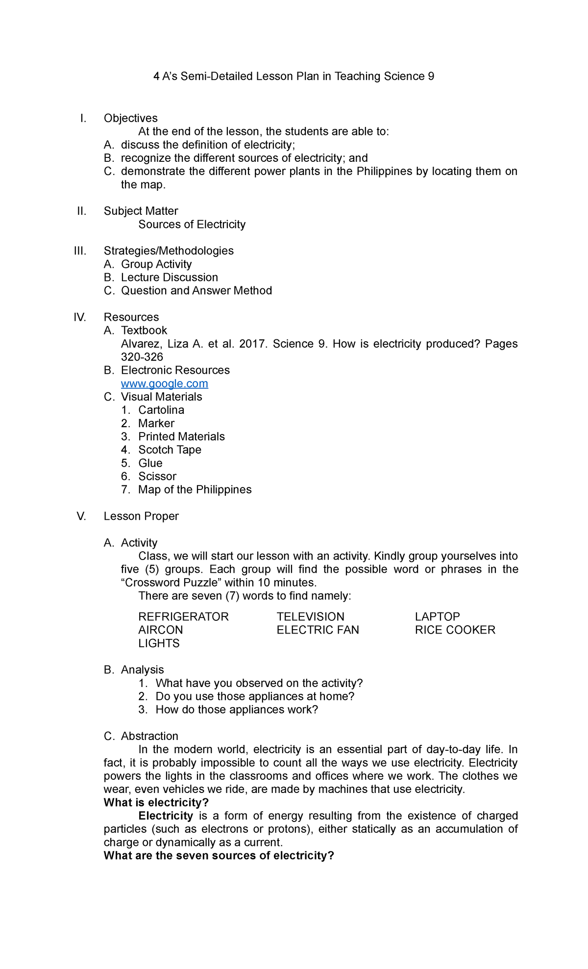 Electricity-DLP - 4 A's Lesson Plan - 4 A’s Semi-Detailed Lesson Plan in Teaching Science 9 I ...