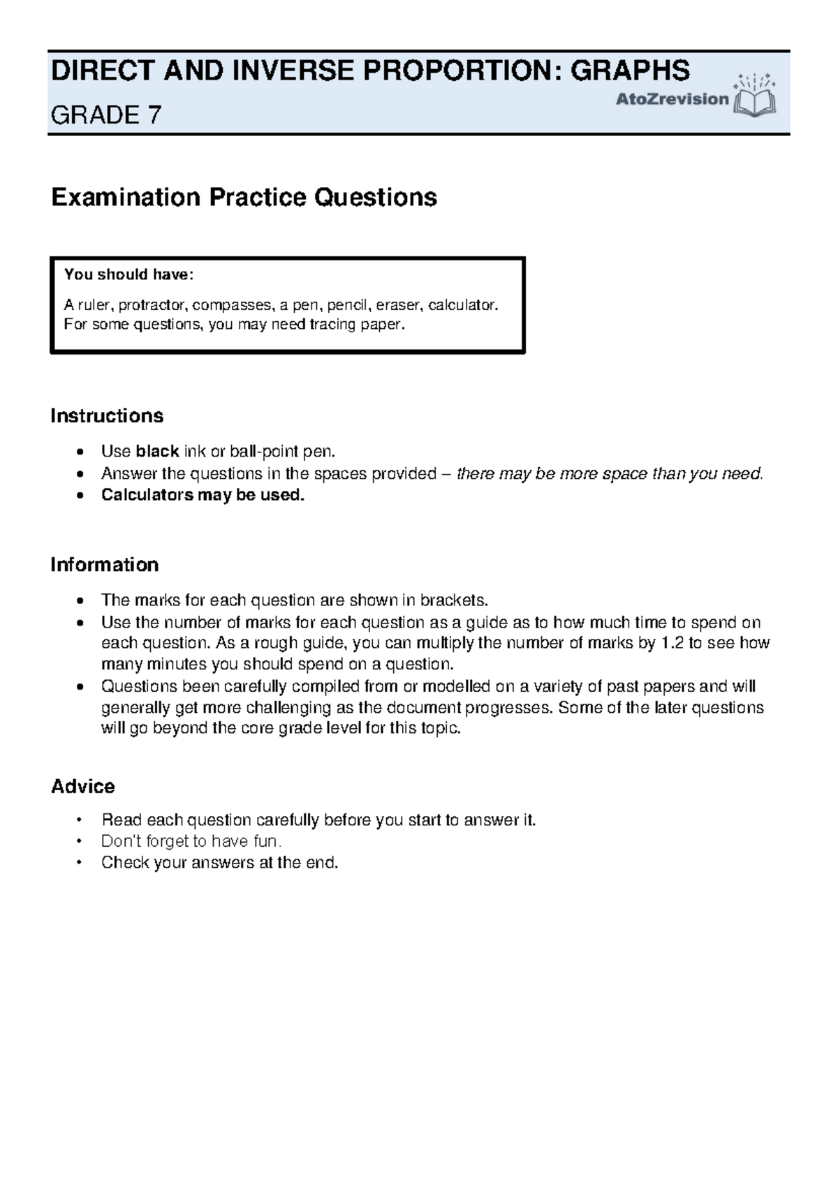 Direct and Inverse Proportion: Graphs G7 Exam Practice Questions - Studocu