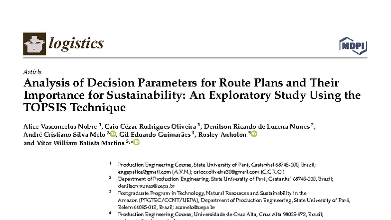 Logistics C.C.R.O. Article: Decision Parameters for Sustainable Route ...