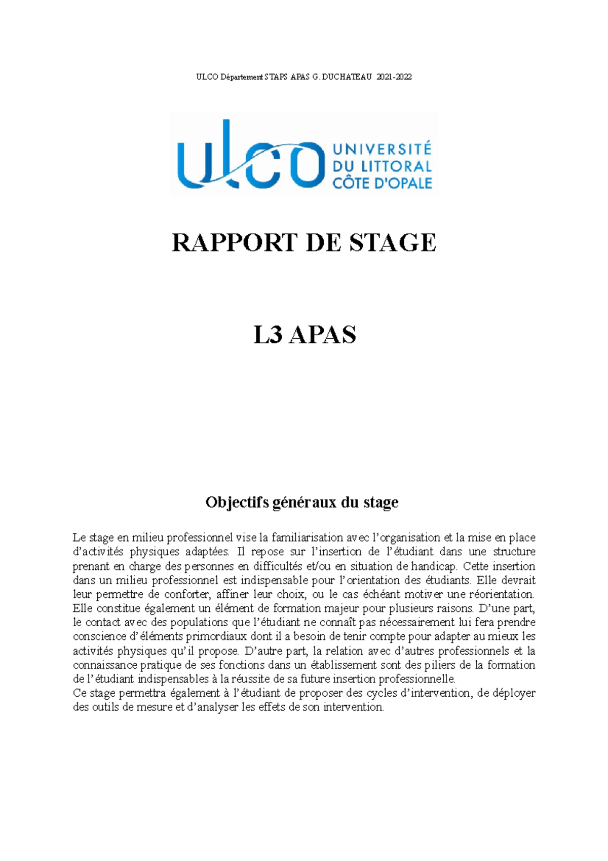 Consignes Rapport DE Stage L3 APA - ULCO Département STAPS APAS G ...
