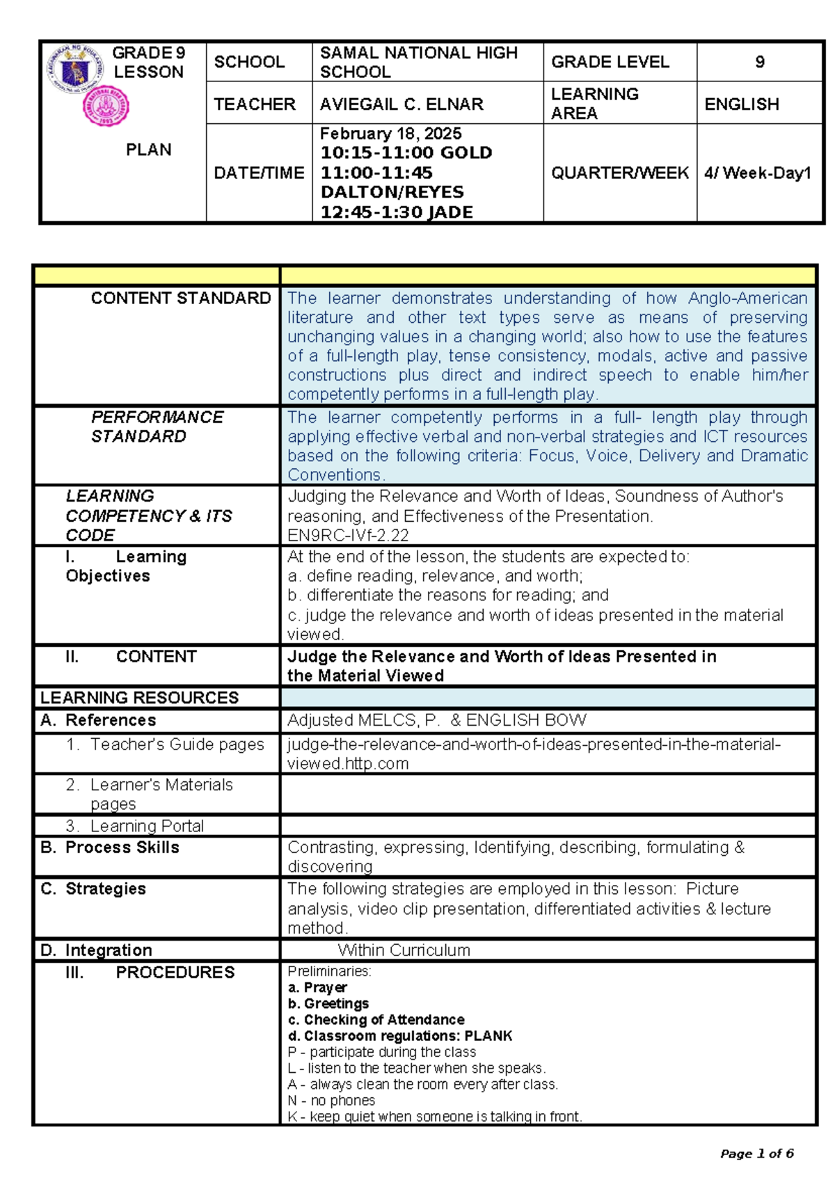 GRADE 9 ENGLISH LESSON PLAN: Evaluating Relevance & Worth of Ideas ...