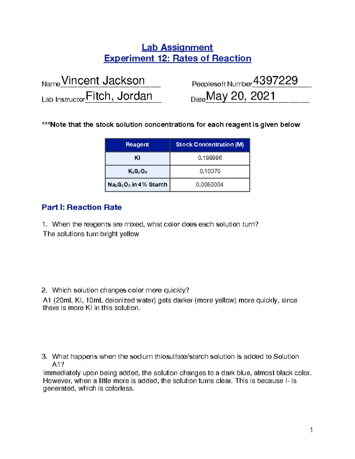 Lab 2: Rates of Reaction Experiment Analysis for CHEM 101 - Studocu