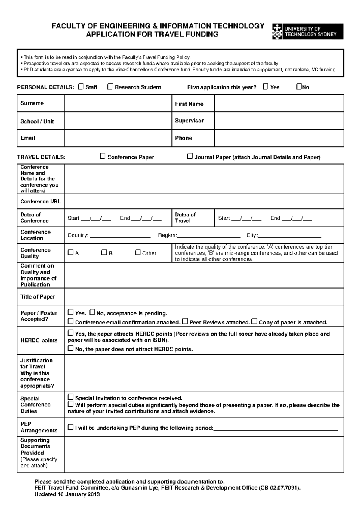 Application for Travel Funding Form - FACULTY OF ENGINEERING ...
