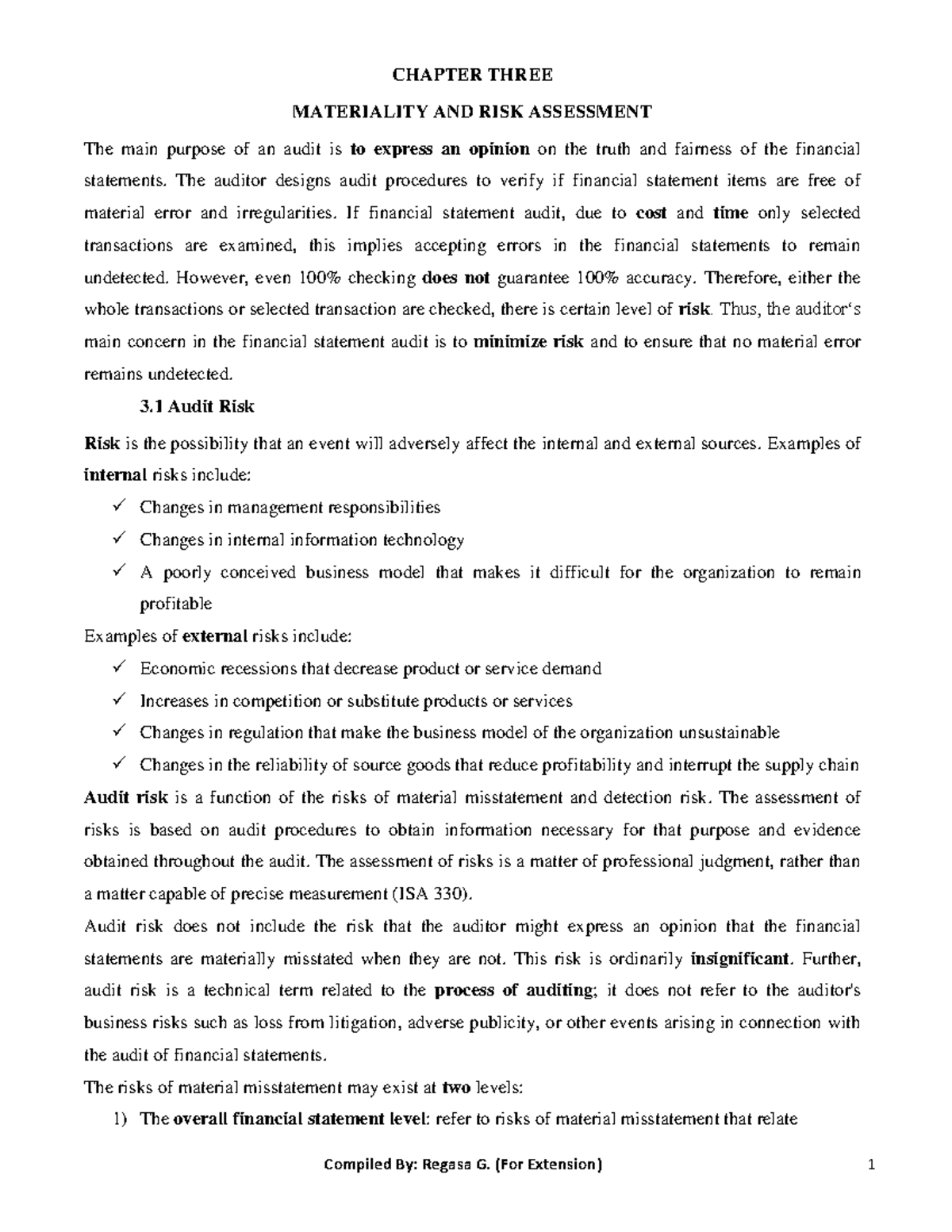 Chapter Three Audit I Edited - CHAPTER THREE MATERIALITY AND RISK ...