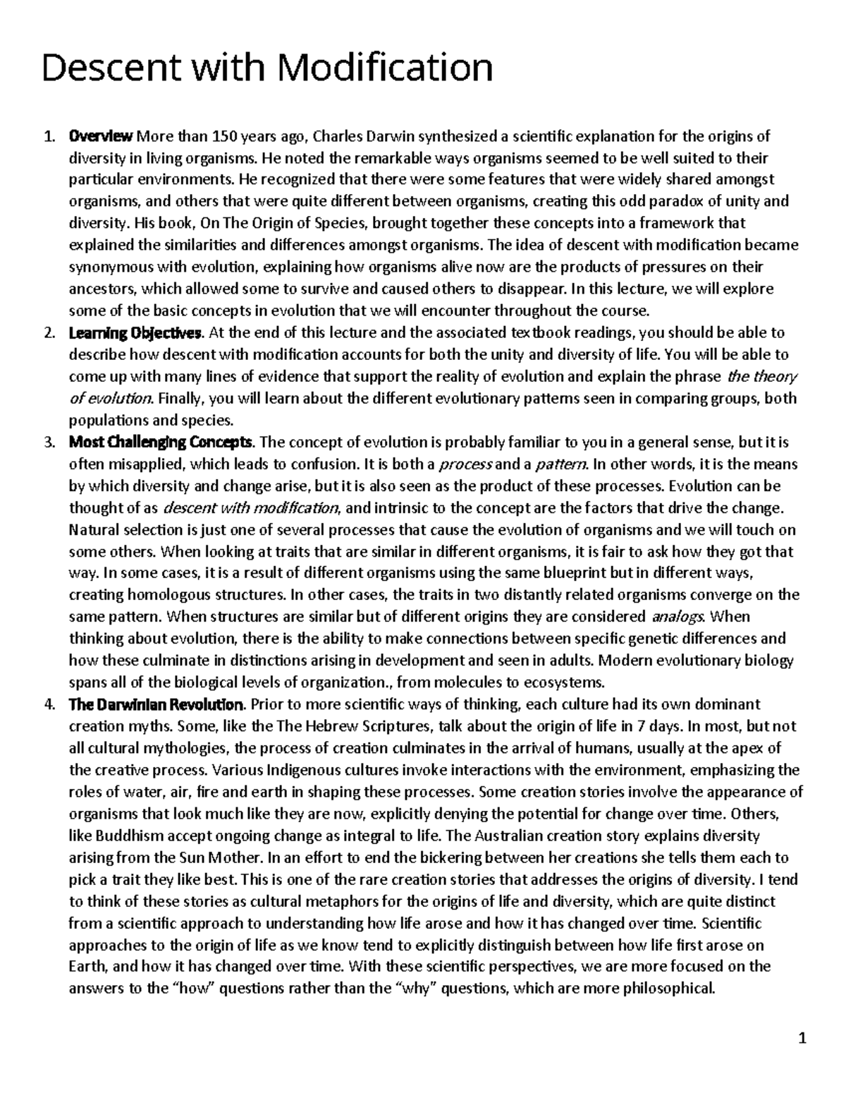 BIOL103 Lecture Notes: Descent with Modification & Evolution Overview ...