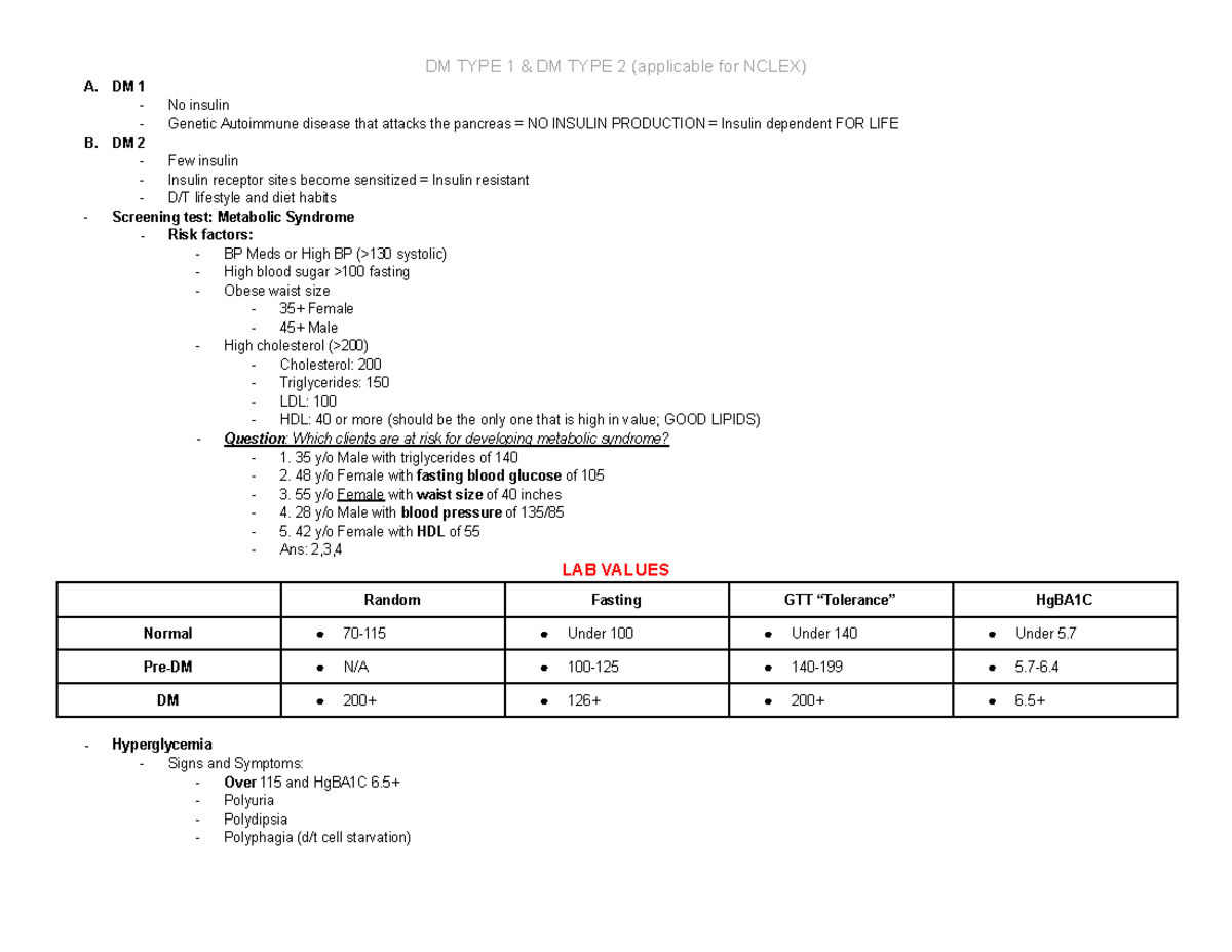 DM 1 & DM 2 - Comprehensive Study Notes on Diabetes Management - Studocu