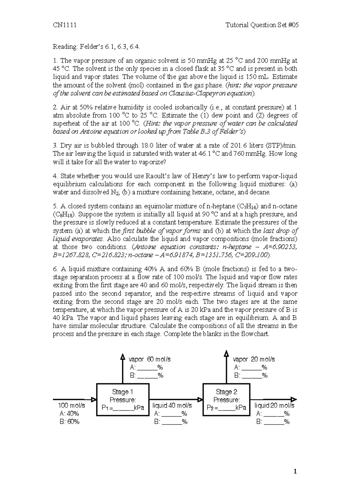 CN1111 Tutorial Question Set 05: Vapor-Liquid Equilibrium Problems ...