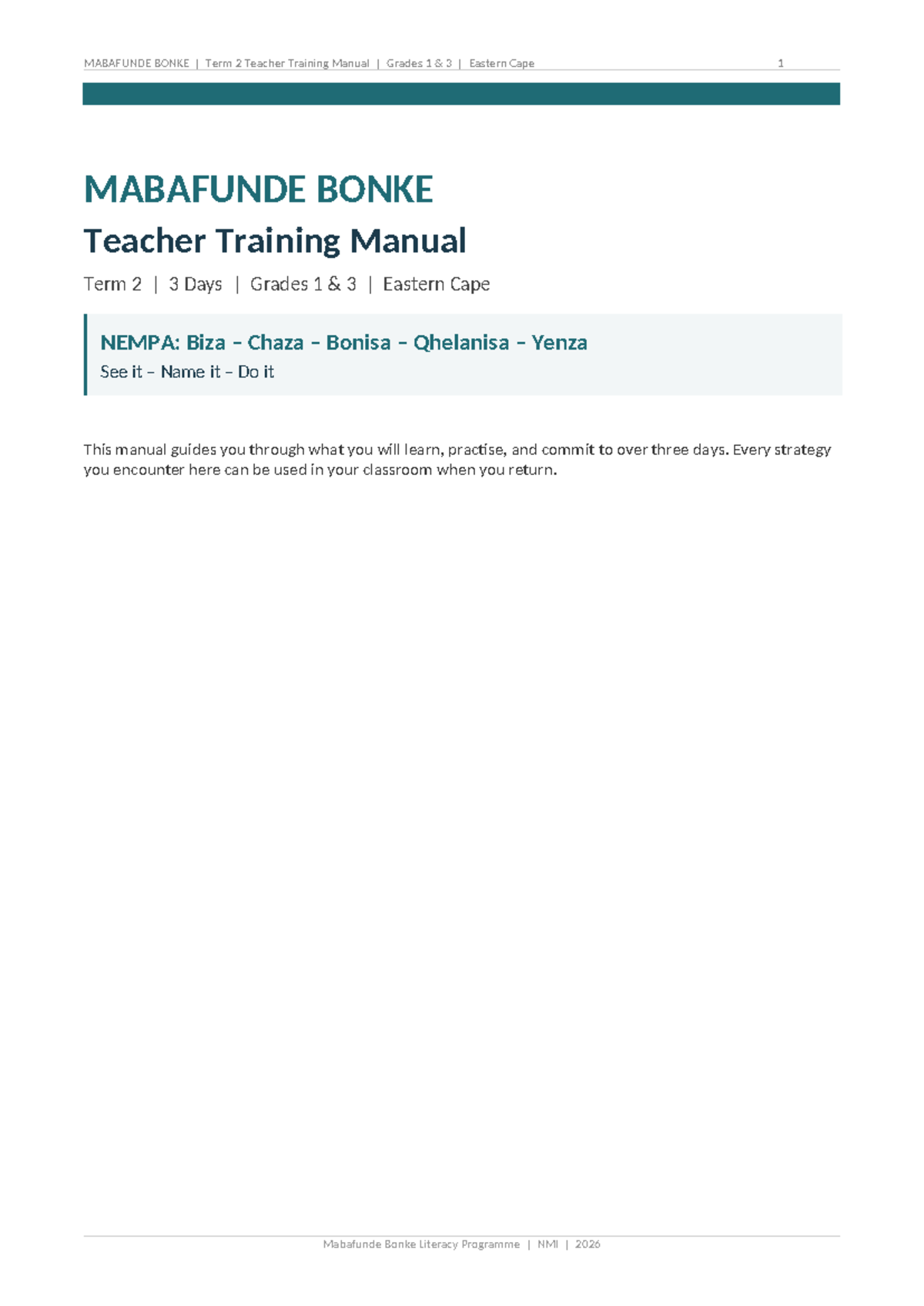 MABAFUNDE BONKE Term 2 Teacher Training Manual for Grades 1-3 - Studocu