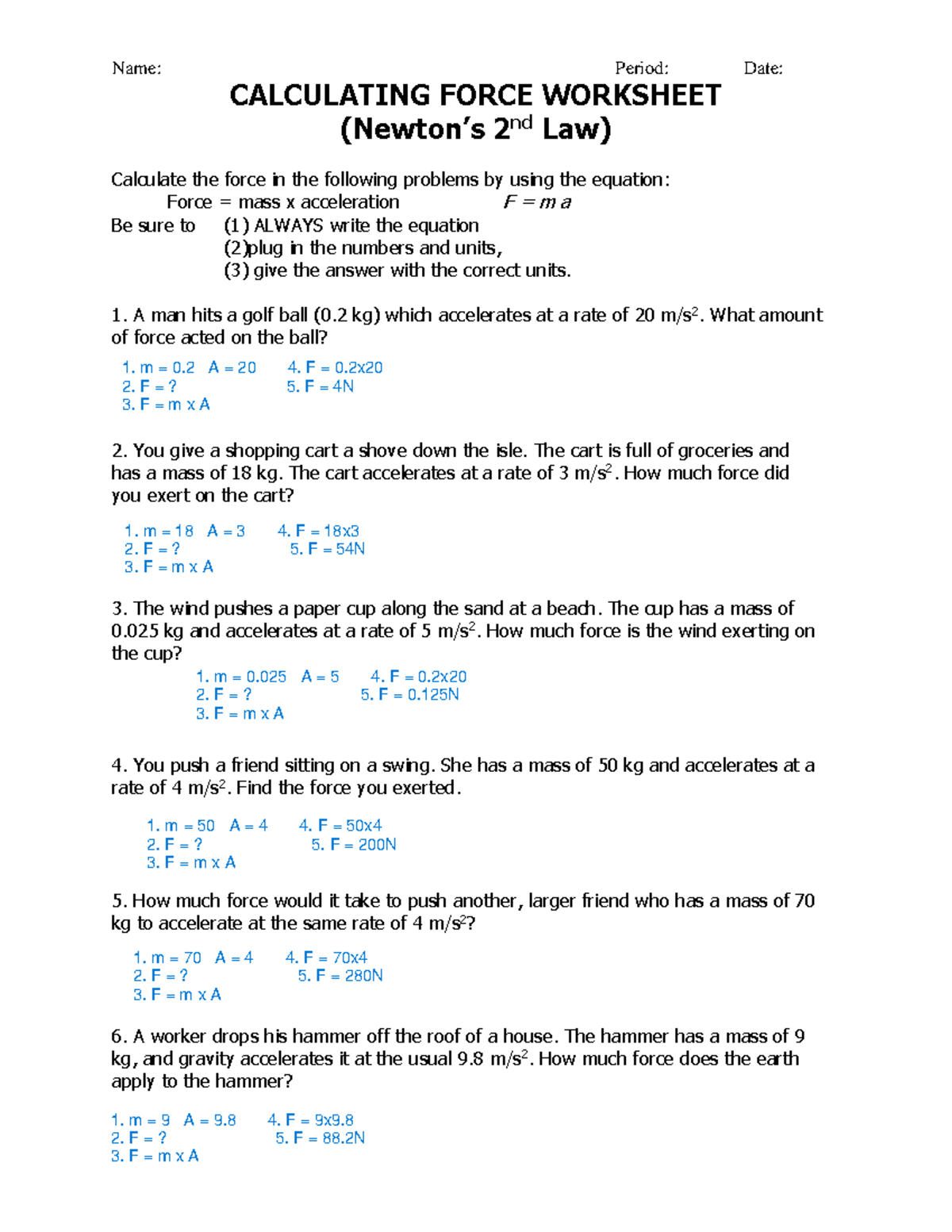 Force Calculation Worksheet (Newton's 2nd Law) - Studocu