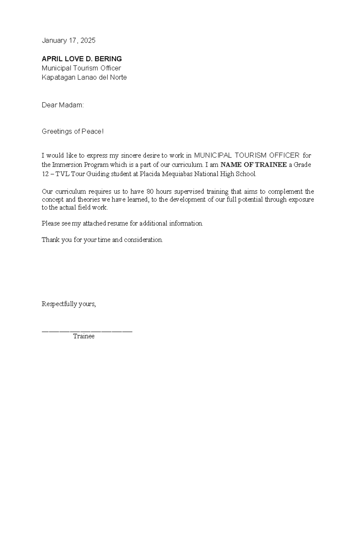 Application Letters for Immersion Program - Grade 12 TVL Students - Studocu