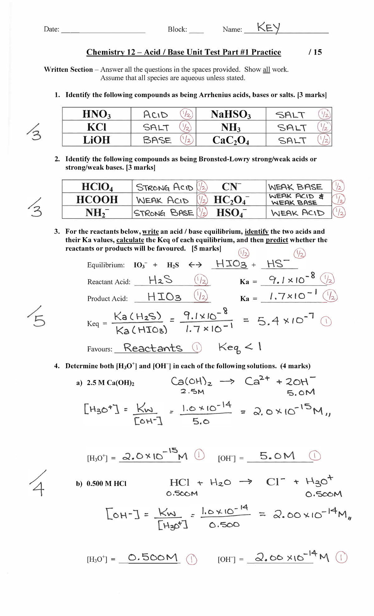 Unit 4-10 Acid Unit Test Part 1 Written Practice Key - Date: - Block ...
