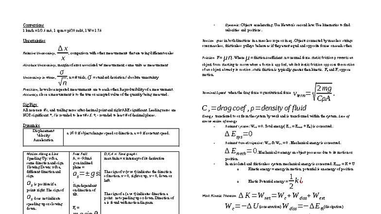 Physics 101: Comprehensive Cheat Sheet on Dynamics and Kinematics - Studocu