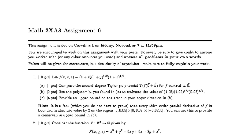 Math 2XA3 Assignment 6: Taylor Polynomials & Critical Points Analysis ...