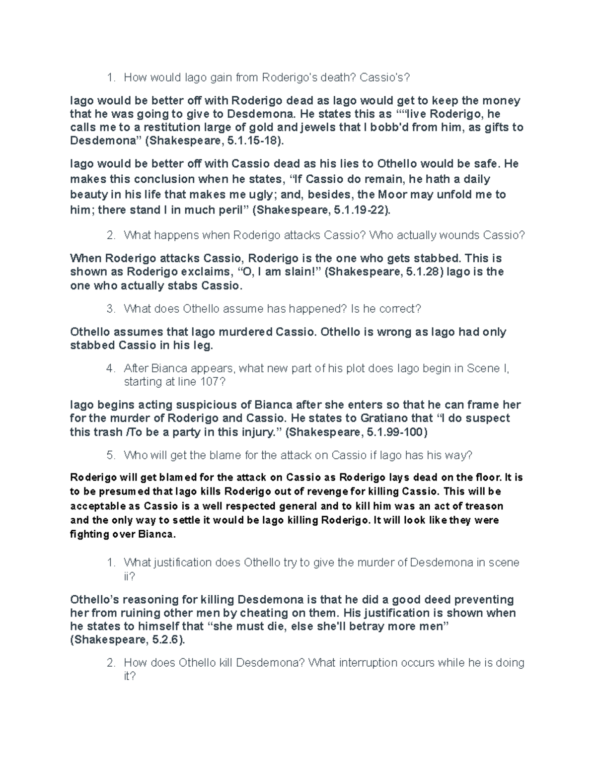 William Shakespeare's Othello Act 5 Questions - How would Iago gain ...