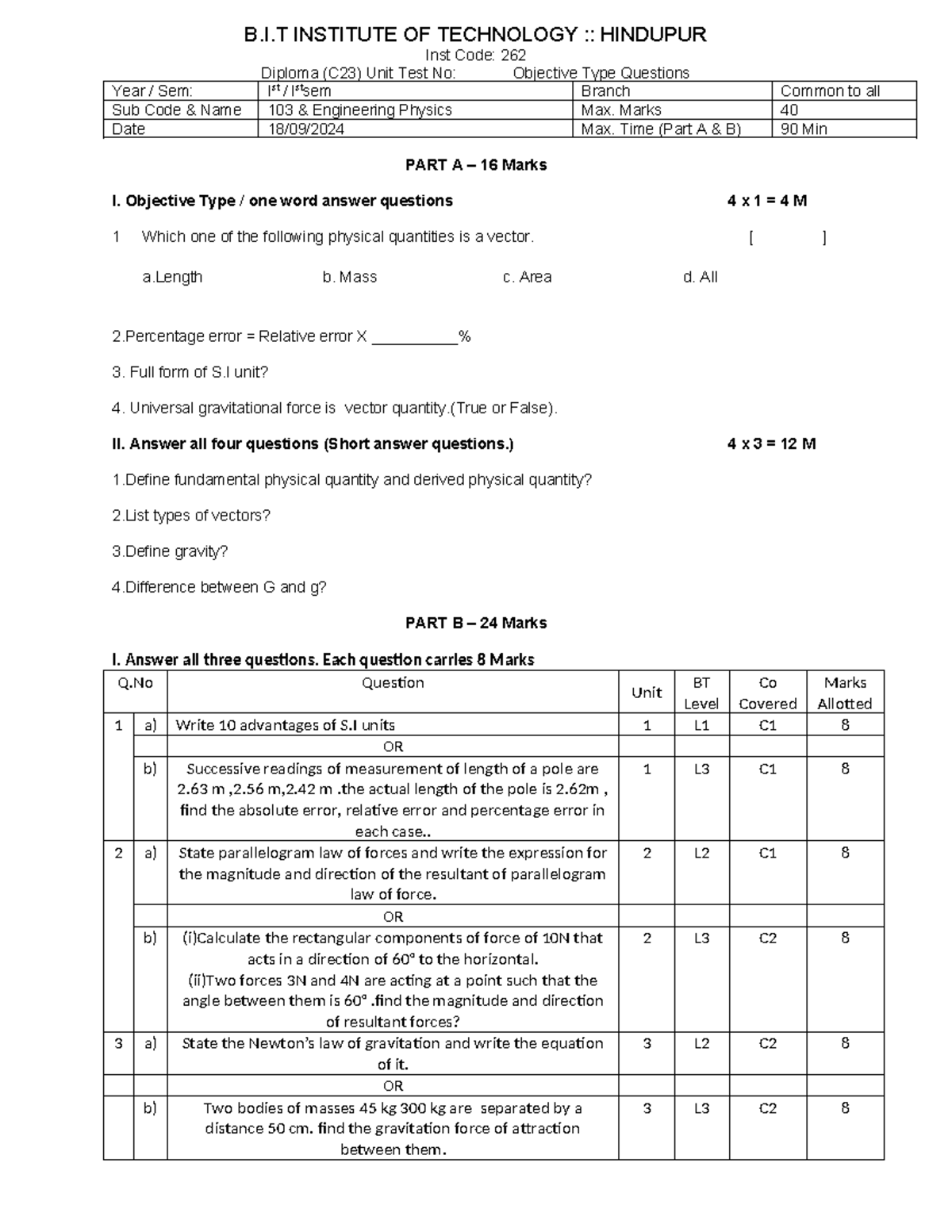 C23 Diploma Physics Unit Test 1: Objective & Short Answer Qs - Studocu