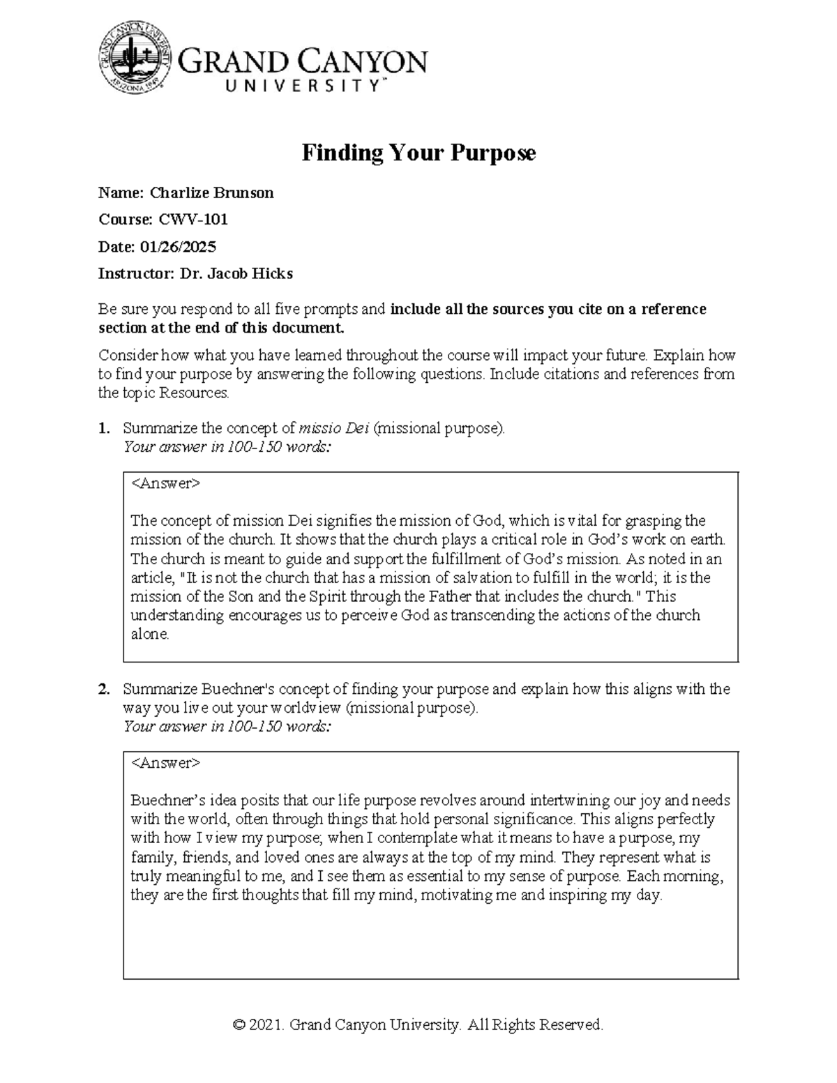 CWV-101 Final Exam: Exploring Your Purpose and Impact on Future - Studocu