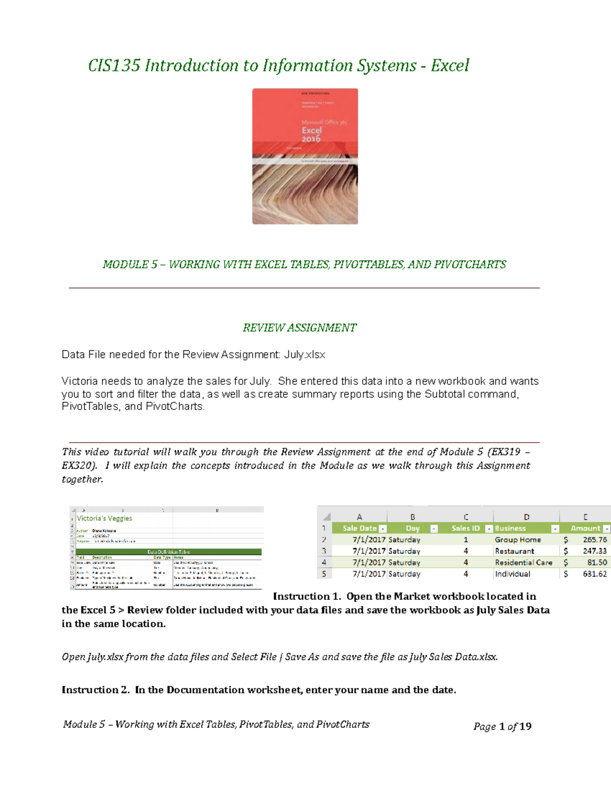 CIS135 Excel Module 5 - CIS135 Introduction to Information Systems - Excel MODULE 5 – WORKING ...