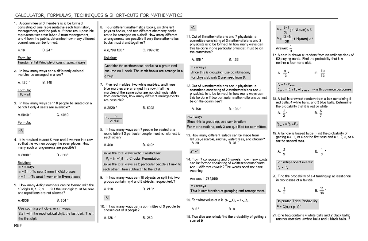 Cal. Tech 15 - lec - CALCULATOR, FORMULAS, TECHNIQUES & SHORT-CUTS FOR MATHEMATICS 1. RBF A ...
