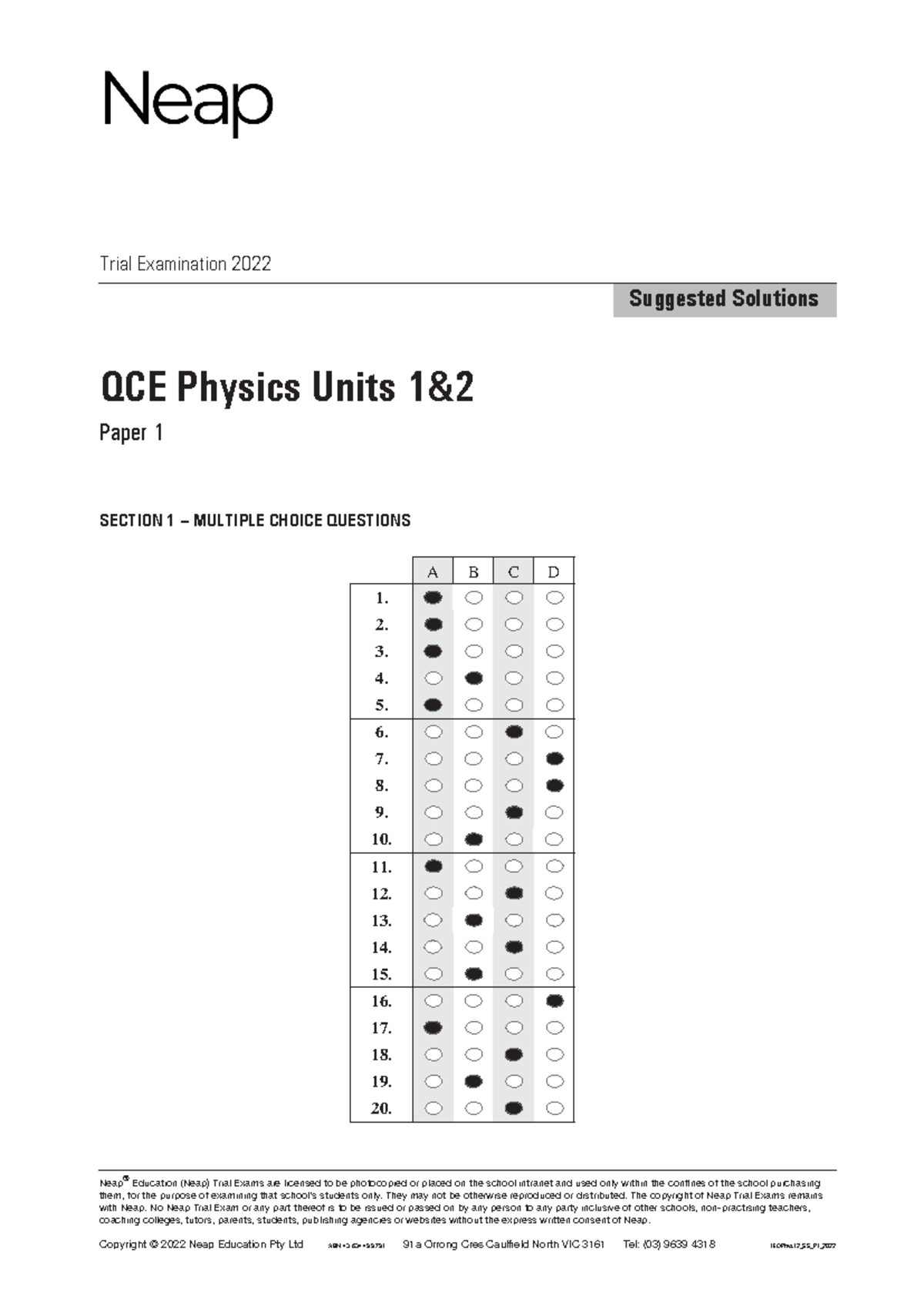 QCE Physics Units Trial Exam 2022 Suggested Solutions - Paper 1 - Studocu