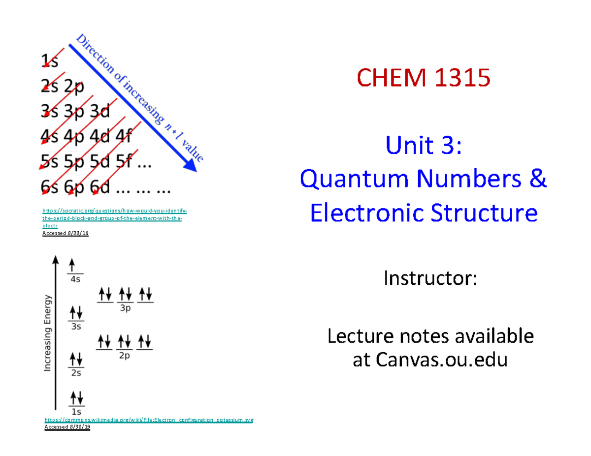 CHEM 1315 Unit 3 Lecture Notes: Quantum Numbers & Electronic Structure ...