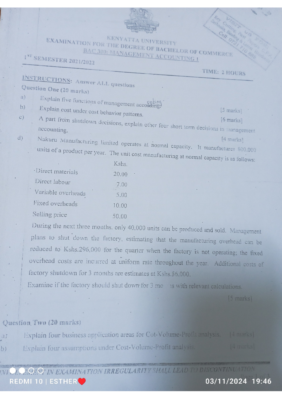 BAC 300: Past Exam Papers for Management Accounting, 1st Semester - Studocu