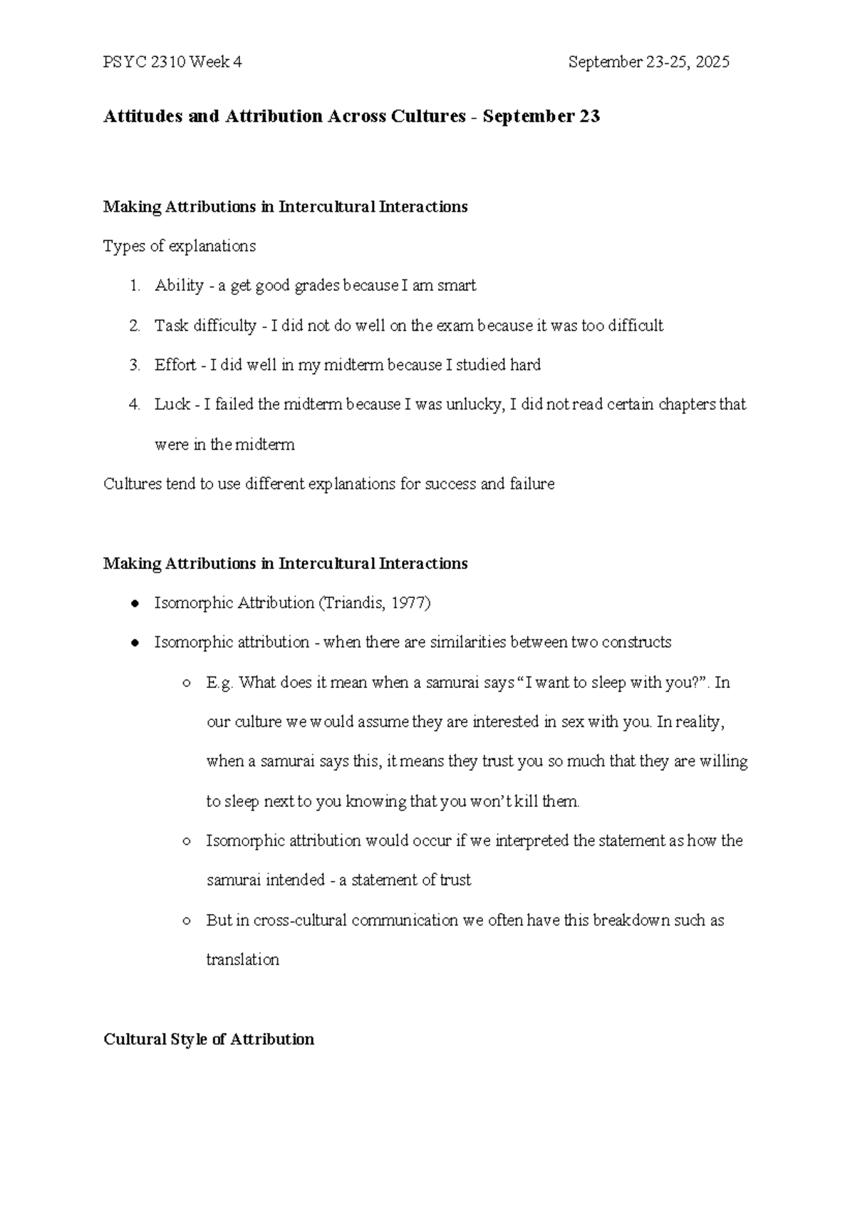 PSYC 2310 Week 4 Lecture Notes: Attitudes, Attribution, and Culture ...