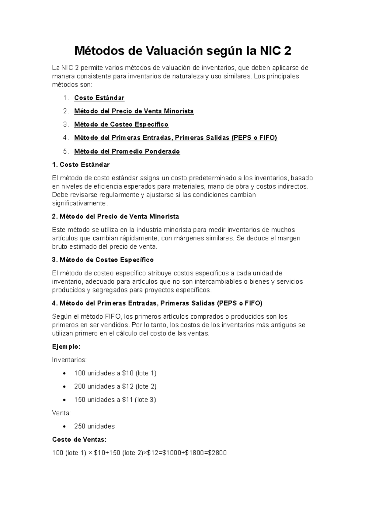 Métodos de Valuación de Inventarios según la NIC 2: Guía Completa - Studocu