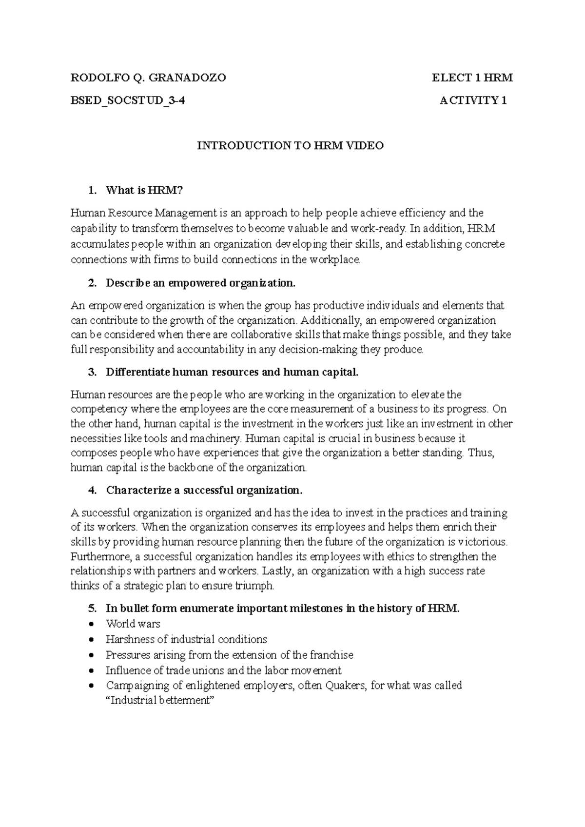 BSED_SOCSTUD_3-4 Activity 1: Exploring Human Resource Management - Studocu