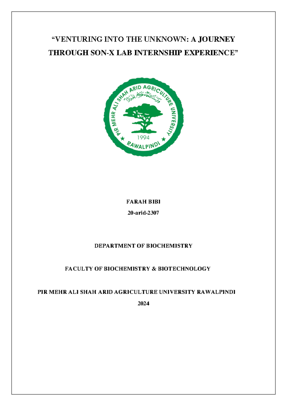 Final Lab Internship Report: Biochemistry (ARID-2307) by Farah Bibi ...