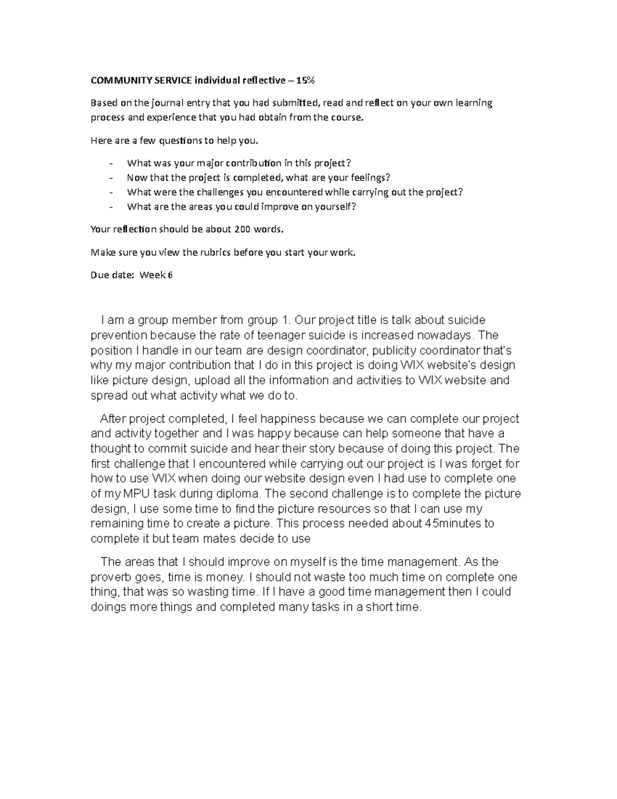 Community Service individual reflective - COMMUNITY SERVICE individual ...