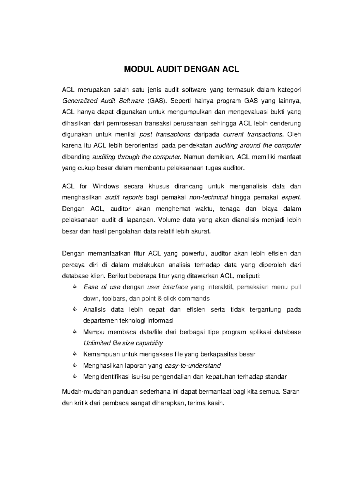 Modul Audit Dengan ACL: Panduan dan Analisis Data Auditing - Studocu