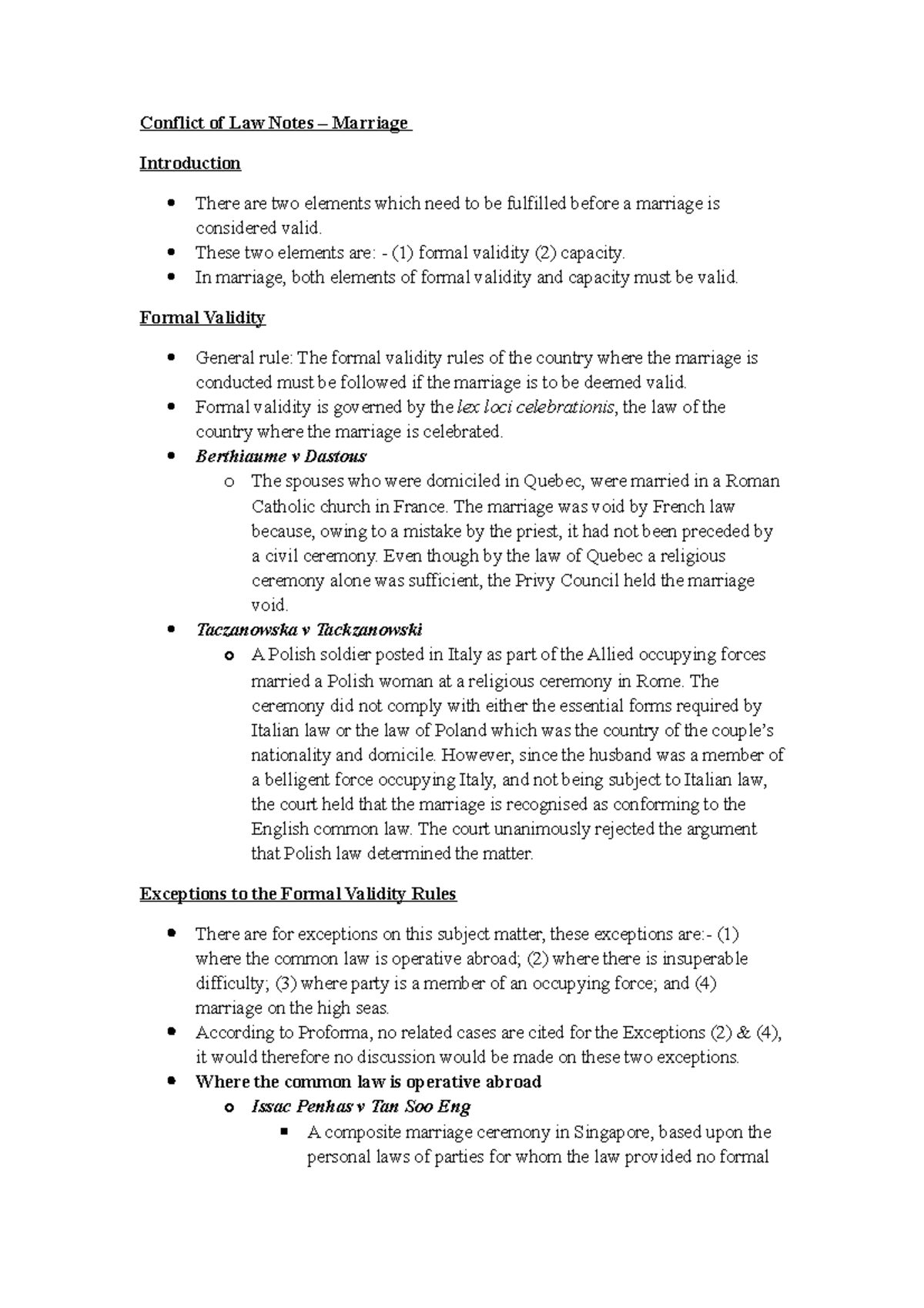 Conflict of Law Notes - Validity & Capacity in Marriage - Studocu