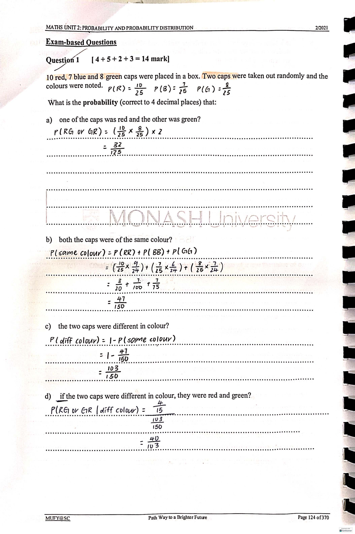 MATHS UNIT 2: PROBABILITY AND DISTRIBUTION Questions and Solutions ...