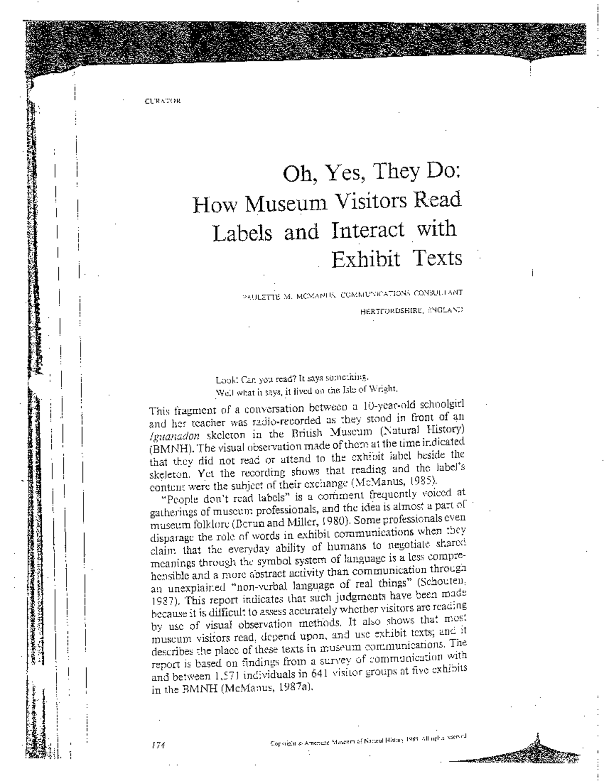 "CURATOR 1989: How Museum Visitors Engage with Exhibit Texts" - Studocu