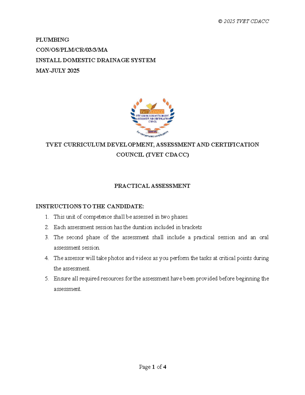 2025 TVET CDACC Practical Assessment: Installing Domestic Drainage ...