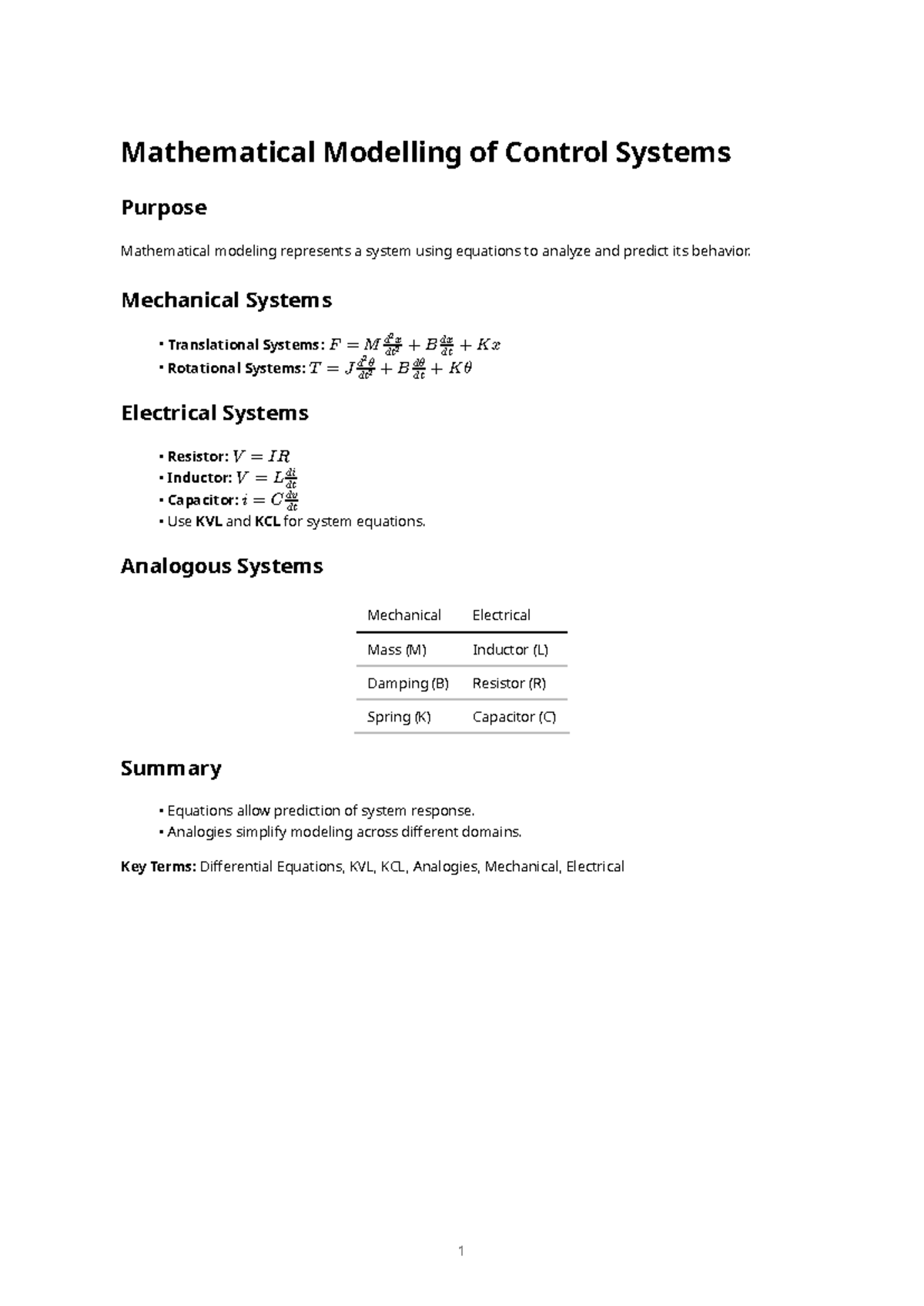 Mathematical Modelling of Control Systems - MECH 2 Final Exam Notes ...